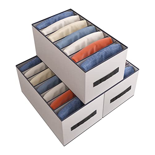 DonYeco 3 Pack Wardrobe Clothes Organizer, 7 Grids Jeans Drawer Closet Organizers and Storage, Dimension 14-1/4" x 9-1/2"x 8" (Compartment width: 2")