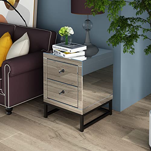 HONHPD Mirrored 2 Drawer Nightstand, Crystal End Table with 2-Drawers, Mirror Accent Silver Table, Bedroom Mini Cabinet Furniture (Delivery from Local Warehouse in The United States)