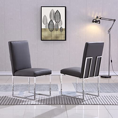 AZhome Dining Chairs, Grey PU Leather Upholstered Dining Room Chairs with Silver Stainless Steel Legs, Set of 2