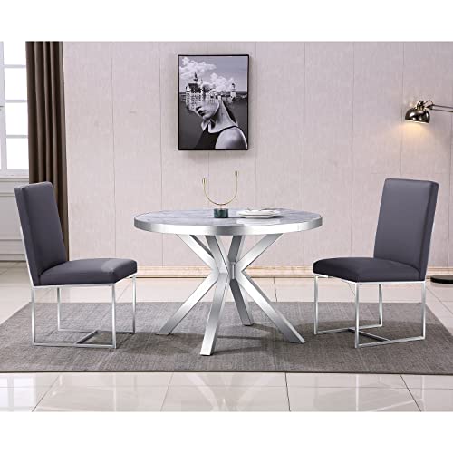 AZhome Dining Chairs, Grey PU Leather Upholstered Dining Room Chairs with Silver Stainless Steel Legs, Set of 2