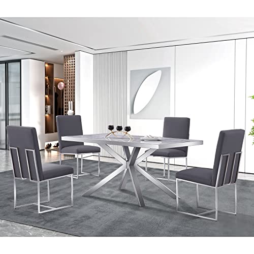 AZhome Dining Chairs, Grey PU Leather Upholstered Dining Room Chairs with Silver Stainless Steel Legs, Set of 2