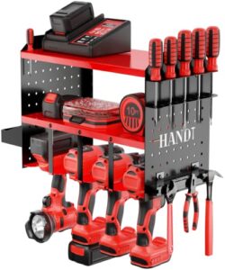 handt power tool organizer, wall mount drill holder garage storage rack, pegboard screwdriver holder with magnet bar & organization bin, cordless drill battery charging station utility shelf, red