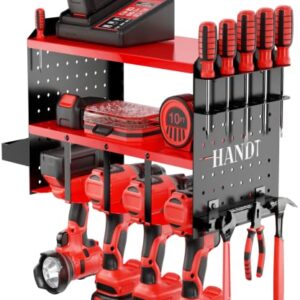 HANDT Power Tool Organizer, Wall Mount Drill Holder Garage Storage Rack, Pegboard Screwdriver Holder with Magnet Bar & Organization Bin, Cordless Drill Battery Charging Station Utility Shelf, Red