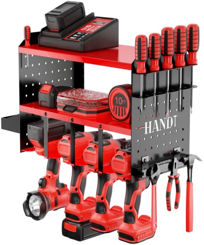 HANDT Power Tool Organizer, Wall Mount Drill Holder Garage Storage Rack, Pegboard Screwdriver Holder with Magnet Bar & Organization Bin, Cordless Drill Battery Charging Station Utility Shelf, Red