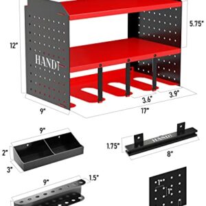 HANDT Power Tool Organizer, Wall Mount Drill Holder Garage Storage Rack, Pegboard Screwdriver Holder with Magnet Bar & Organization Bin, Cordless Drill Battery Charging Station Utility Shelf, Red