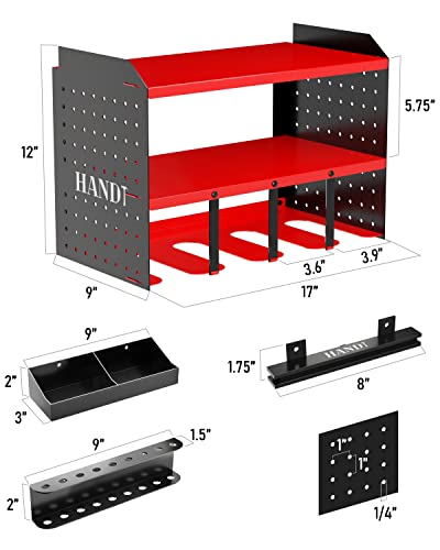 HANDT Power Tool Organizer, Wall Mount Drill Holder Garage Storage Rack, Pegboard Screwdriver Holder with Magnet Bar & Organization Bin, Cordless Drill Battery Charging Station Utility Shelf, Red