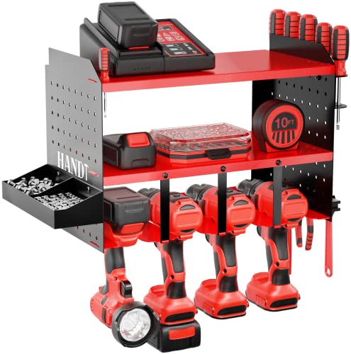 HANDT Power Tool Organizer, Wall Mount Drill Holder Garage Storage Rack, Pegboard Screwdriver Holder with Magnet Bar & Organization Bin, Cordless Drill Battery Charging Station Utility Shelf, Red