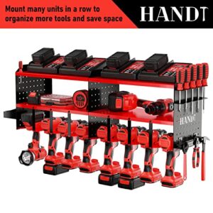 HANDT Power Tool Organizer, Wall Mount Drill Holder Garage Storage Rack, Pegboard Screwdriver Holder with Magnet Bar & Organization Bin, Cordless Drill Battery Charging Station Utility Shelf, Red