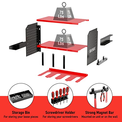 HANDT Power Tool Organizer, Wall Mount Drill Holder Garage Storage Rack, Pegboard Screwdriver Holder with Magnet Bar & Organization Bin, Cordless Drill Battery Charging Station Utility Shelf, Red