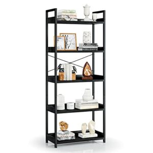 appolyn 5 tier bookshelf with 2 hooks, tall bookcase, modern book shelves organizer, bookshelves for bedroom, living room and home office, black