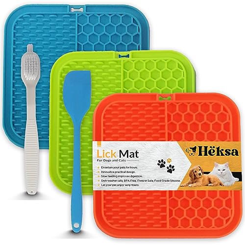 Heksa Dogs & Cats 2-Pack Slow Feeder & Non-Slip Lick Mats with Spatula for Anxiety Relief. Food-Grade, Dishwasher, Freezer & Oven Safe Dog Lick Mat