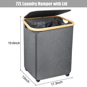 Laundry Hamper with Lid - 72L Rolling Laundry Basket with Wheels, Waterproof Clothes Hamper Storage Basket with Laundry Bag Portable for Toys Clothes Organizer