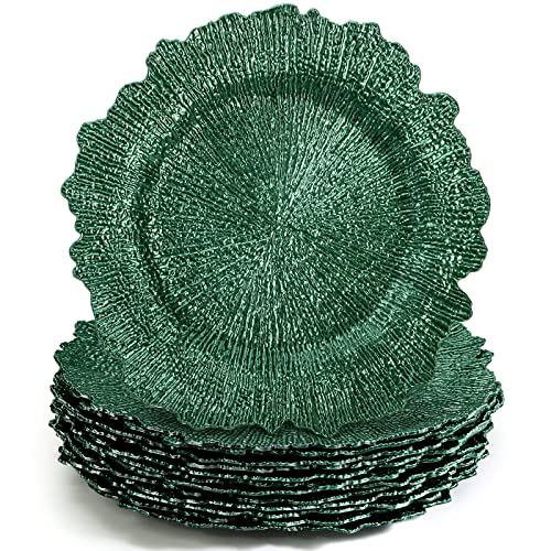 WUWEOT 12 Pack Charger Plates, 13" Green Plastic Reef Charger Plates with Flora Rim For Catering Events, Wedding Party Restaurant Dinner Parties