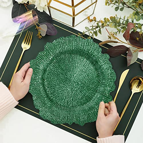 WUWEOT 12 Pack Charger Plates, 13" Green Plastic Reef Charger Plates with Flora Rim For Catering Events, Wedding Party Restaurant Dinner Parties