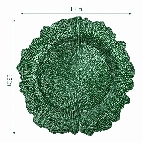 WUWEOT 12 Pack Charger Plates, 13" Green Plastic Reef Charger Plates with Flora Rim For Catering Events, Wedding Party Restaurant Dinner Parties