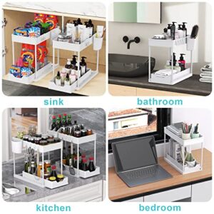 Teencci 2 Pack Under Sliding Sink Organizers & Storage,2 Tier Sliding Organizer Under Sink,Multipurpose Under Kitchen Sink Organizers & Storage w/ 8 Hooks & 2 Hanging Cups,White 2 pack (ST86W)