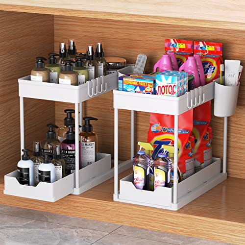 Teencci 2 Pack Under Sliding Sink Organizers & Storage,2 Tier Sliding Organizer Under Sink,Multipurpose Under Kitchen Sink Organizers & Storage w/ 8 Hooks & 2 Hanging Cups,White 2 pack (ST86W)