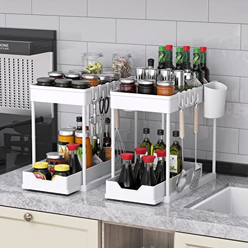 Teencci 2 Pack Under Sliding Sink Organizers & Storage,2 Tier Sliding Organizer Under Sink,Multipurpose Under Kitchen Sink Organizers & Storage w/ 8 Hooks & 2 Hanging Cups,White 2 pack (ST86W)