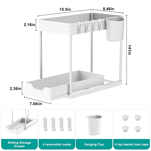 Teencci 2 Pack Under Sliding Sink Organizers & Storage,2 Tier Sliding Organizer Under Sink,Multipurpose Under Kitchen Sink Organizers & Storage w/ 8 Hooks & 2 Hanging Cups,White 2 pack (ST86W)