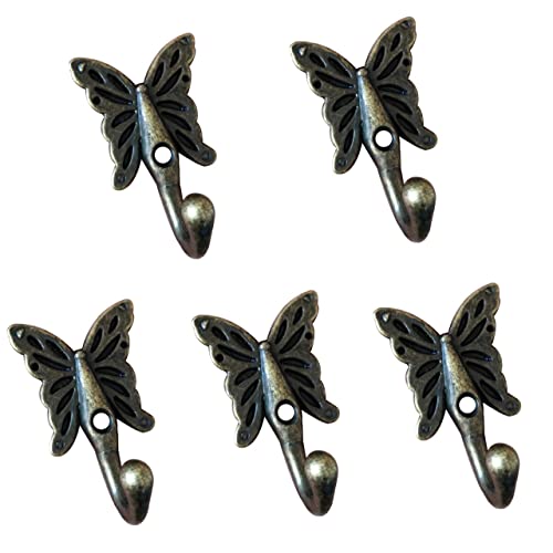 AOLZUNK 5Sets Antique Hangers Butterfly Patterned Wall Mounted Hanger Bronze Hooks Butterfly Hooks for Bedroom Bathroom Kitchen Clothes Hat Coat Towel with Screws