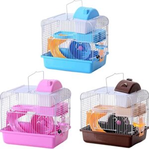 Zhang Ku 2-Tier Portable Travel Cage for Small Animals, Dwarf Hamster Travel Carrier with Carry Handle Exercise Wheel Water Bottle and Food Dish, 6.7 x 11.8 x 9.1 Inch (Blue) (SSS441)