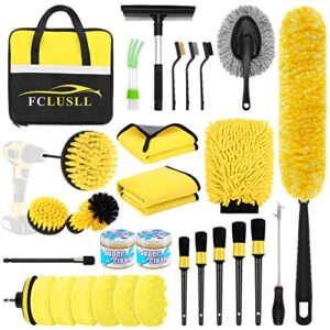 fclusll 30pcs car cleaning tools kit, car detailing kit with 18inch rim wheel brush, detail brushes, wash mitt, interior and exterior auto wheel tire brush set (yellow