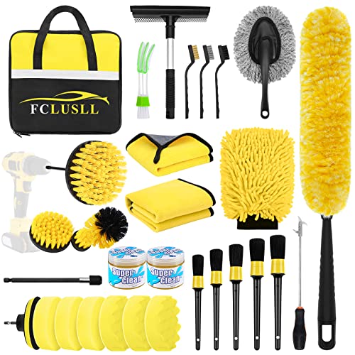 FCLUSLL 30Pcs Car Cleaning Tools Kit, Car Detailing Kit with 18inch Rim Wheel Brush, Detail Brushes, Wash Mitt, Interior and Exterior Auto Wheel Tire Brush Set (Yellow