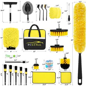 FCLUSLL 30Pcs Car Cleaning Tools Kit, Car Detailing Kit with 18inch Rim Wheel Brush, Detail Brushes, Wash Mitt, Interior and Exterior Auto Wheel Tire Brush Set (Yellow