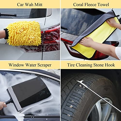 FCLUSLL 30Pcs Car Cleaning Tools Kit, Car Detailing Kit with 18inch Rim Wheel Brush, Detail Brushes, Wash Mitt, Interior and Exterior Auto Wheel Tire Brush Set (Yellow