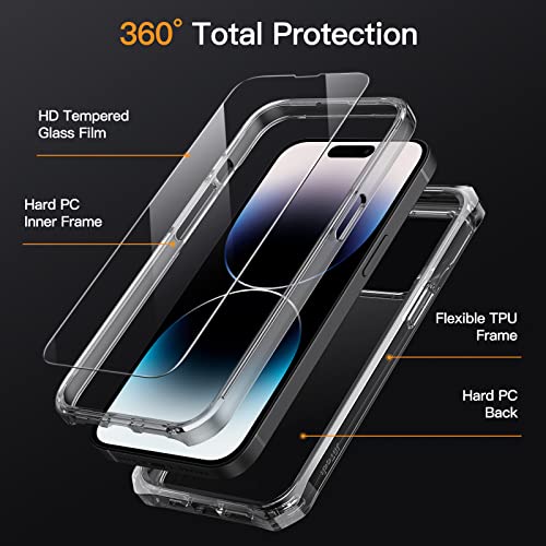 JETech Case for iPhone 14 Pro Max 6.7-Inch (NOT for iPhone 14 Pro) with 2-Pack Tempered Glass Screen Protector, 360 Full Body Shockproof Bumper Phone Cover Protective Clear Back (Clear)