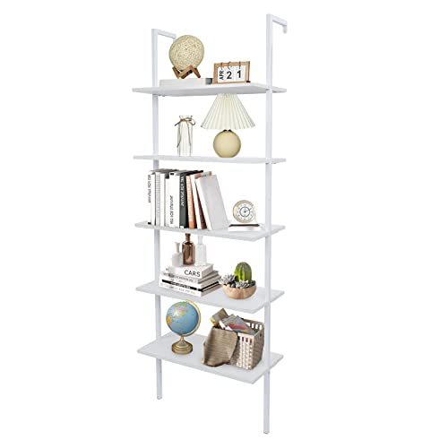 ACLULION 5 Tier Wall Mounted Ladder Shelves, Industrial Ladder Bookcase with Metal Frame and Wood Shelf, Modern Learning Bookshelf for Living Room, Bedroom, Office (24" W x 12" D x 71" H, White)