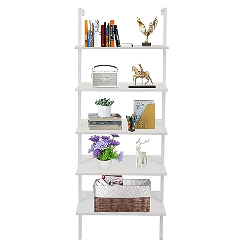 ACLULION 5 Tier Wall Mounted Ladder Shelves, Industrial Ladder Bookcase with Metal Frame and Wood Shelf, Modern Learning Bookshelf for Living Room, Bedroom, Office (24" W x 12" D x 71" H, White)