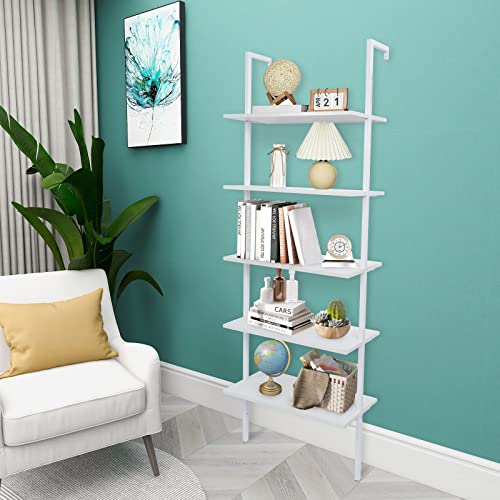 ACLULION 5 Tier Wall Mounted Ladder Shelves, Industrial Ladder Bookcase with Metal Frame and Wood Shelf, Modern Learning Bookshelf for Living Room, Bedroom, Office (24" W x 12" D x 71" H, White)