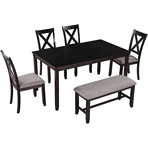 UBGO, 6 Piece Rustic Wooden Diningtable Dinette, Dining Room Furniture Set, Include Wood Table, Bench & 4 Chairs with Burlap Foam Cushion, for Home Living Space, (Espresso) B