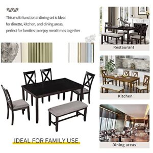 UBGO, 6 Piece Rustic Wooden Diningtable Dinette, Dining Room Furniture Set, Include Wood Table, Bench & 4 Chairs with Burlap Foam Cushion, for Home Living Space, (Espresso) B