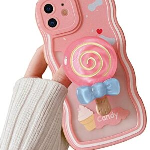 KUMTZO Compatible with iPhone 12 Case, Cute Cream Print Clear Soft TPU Case with Candy Ring Kickstand Camera Protection Shockproof Cover for Women Girls with iPhone 12 6.1 inch (Pink)