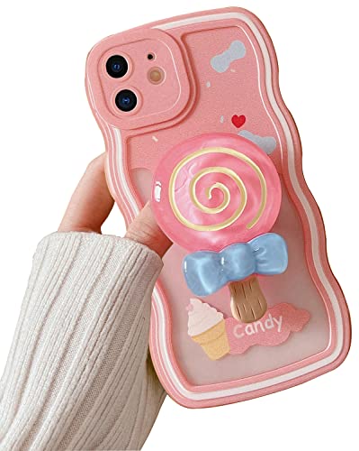 KUMTZO Compatible with iPhone 12 Case, Cute Cream Print Clear Soft TPU Case with Candy Ring Kickstand Camera Protection Shockproof Cover for Women Girls with iPhone 12 6.1 inch (Pink)