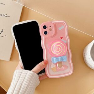 KUMTZO Compatible with iPhone 12 Case, Cute Cream Print Clear Soft TPU Case with Candy Ring Kickstand Camera Protection Shockproof Cover for Women Girls with iPhone 12 6.1 inch (Pink)