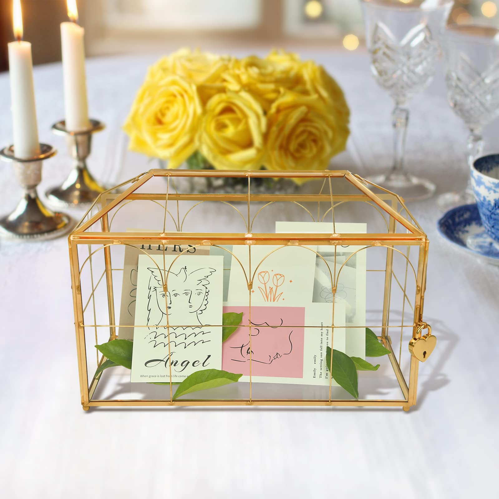 12.6x5.9x9.0inch Wedding Gold Glass Card Box with Lock and Slot - Wedding Envelope Card Holder for Reception Handmade Gold Decorative Box, Party Centerpiece Gift Card Box Handmade Wedding Card Box