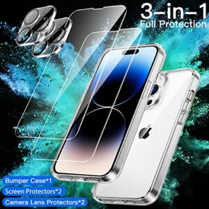 JETech 3 in 1 Case for iPhone 14 Pro 6.1-Inch, with 2-Pack Screen Protector and Camera Lens Protector, Non-Yellowing Shockproof Bumper Phone Cover, Full Coverage Tempered Glass Film (Clear)