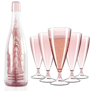 zonbaizey 5pcs pink plastic champagne flutes - 6oz plastic champagne glasses with storage bottle - reusable & bpa free stemless champagne flutes plastic - ideal for parties, weddings, birthdays