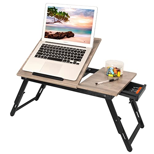 JMLHMXC Bamboo Laptop Desk Bed Tray Table Adjustable Table for Computer Tilting Top Foldable Leg with Drawer