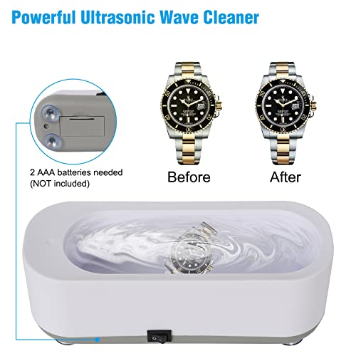 MorTime Ultrasonic Jewelry Cleaner, 300ml 2 AAA Batteries Operated Household Ultrasonic Cleaning Machine for Glasses Jewelry Watches Necklaces Rings