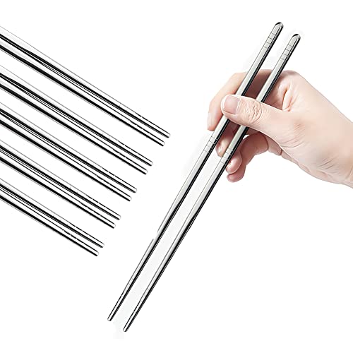 Metal Chopsticks, IQCWOOD 5 Pairs 9.5 Inch Stainless Steel Chopsticks, 304 Korean Chopsticks Reusable Dishwasher Lightweight Silver Reusable Chopsticks Set for Dinner