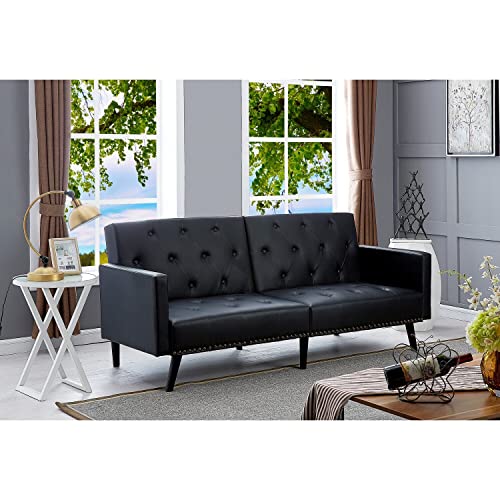 Naomi Home Black Futon Sofa Bed, Faux Leather Futon Couch with Armrest, Black Sofa Bed Couch with Metal Legs, Pull Out Sofa Bed, Reclining Small Couch Bed, Folding Small Couch for Living Room