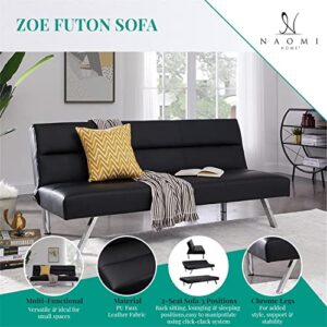 Naomi Home Black Futon Sofa Bed, Faux Leather Futon Couch with Armrest, Black Sofa Bed Couch with Metal Legs, Pull Out Sofa Bed, Reclining Small Couch Bed, Folding Small Couch for Living Room