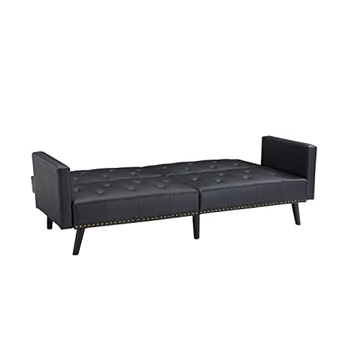 Naomi Home Black Futon Sofa Bed, Faux Leather Futon Couch with Armrest, Black Sofa Bed Couch with Metal Legs, Pull Out Sofa Bed, Reclining Small Couch Bed, Folding Small Couch for Living Room