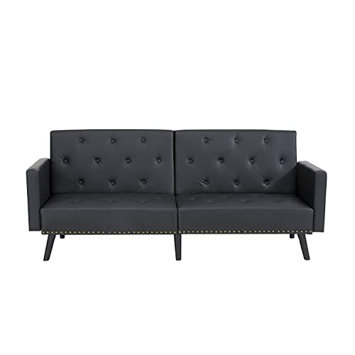 Naomi Home Black Futon Sofa Bed, Faux Leather Futon Couch with Armrest, Black Sofa Bed Couch with Metal Legs, Pull Out Sofa Bed, Reclining Small Couch Bed, Folding Small Couch for Living Room