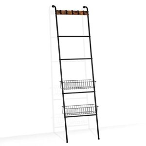 blanket ladder wall-leaning blanket ladder rack holder with removable hooks and storage mesh baskets metal decorative towel ladder shelf for the living room outdoor pool black 5 layer