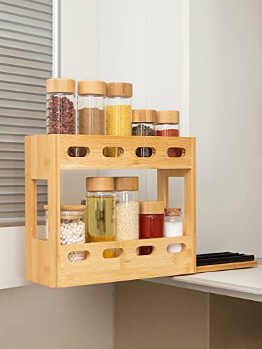 Vinknde Pull Out Spice Rack Organizer for Cabinet,Bamboo Spice Rack Soice Rack 2 Tiers,Slide Out Vertical Seasoning Spice Organizer for Cabinet,Pantry,Kitchen